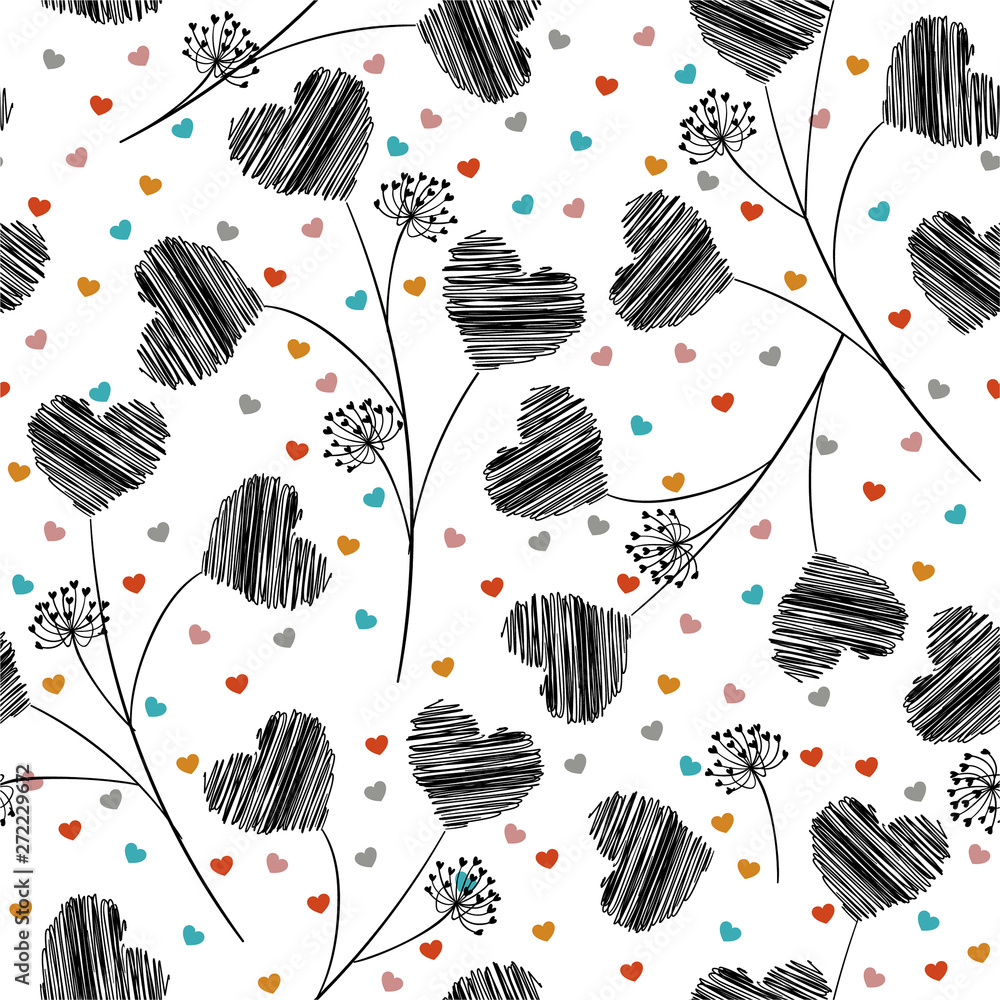 Cute Seamless hand drawn sketch heart pattern illustration. Black line ...