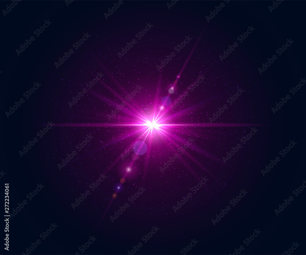 Glowing flash. Beautiful glare effect with bokeh, glitter particles and ...