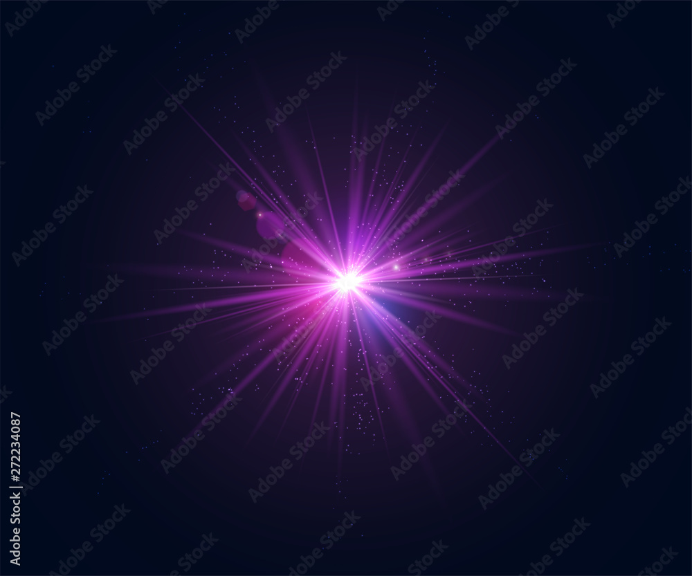 Glowing flash. Beautiful glare effect with bokeh, glitter particles and rays. Sparkling purple ...