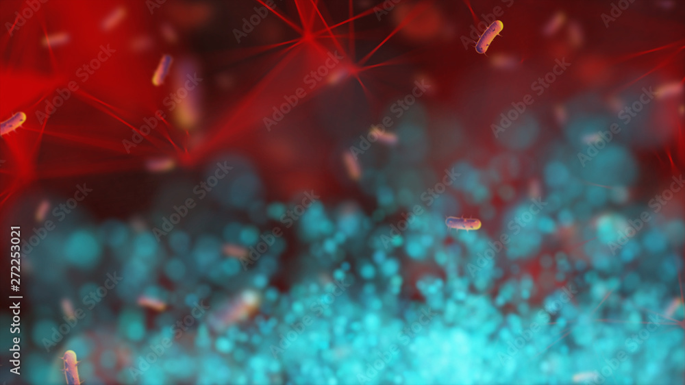 Bacteria, virus and Red infecting blood cells, traveling through a vein ...