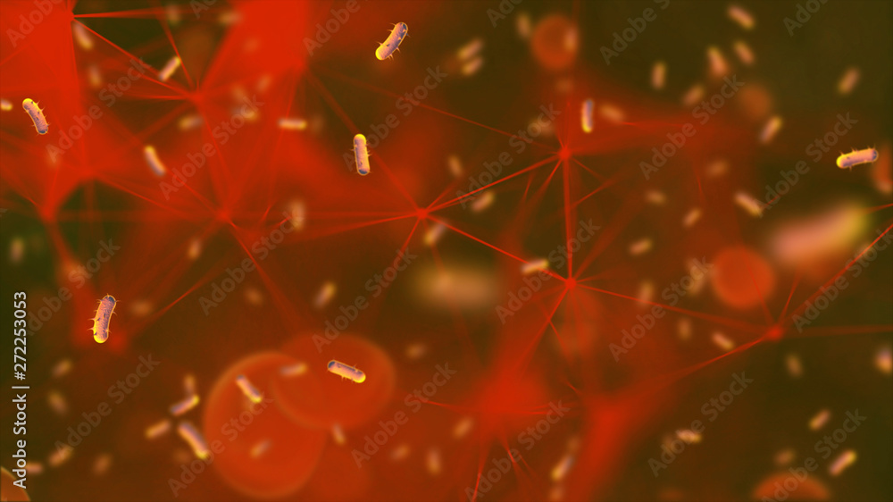 Bacteria, virus and Red infecting blood cells, traveling through a vein ...