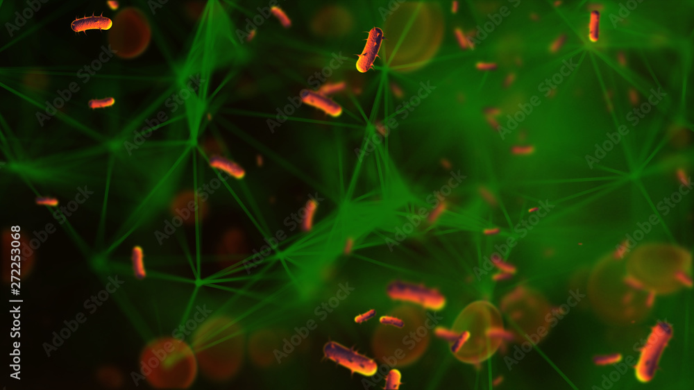 Bacteria, virus and Red infecting blood cells, traveling through a vein ...