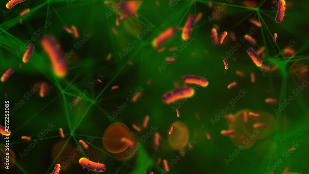 Bacteria, virus and Red infecting blood cells, traveling through a vein ...