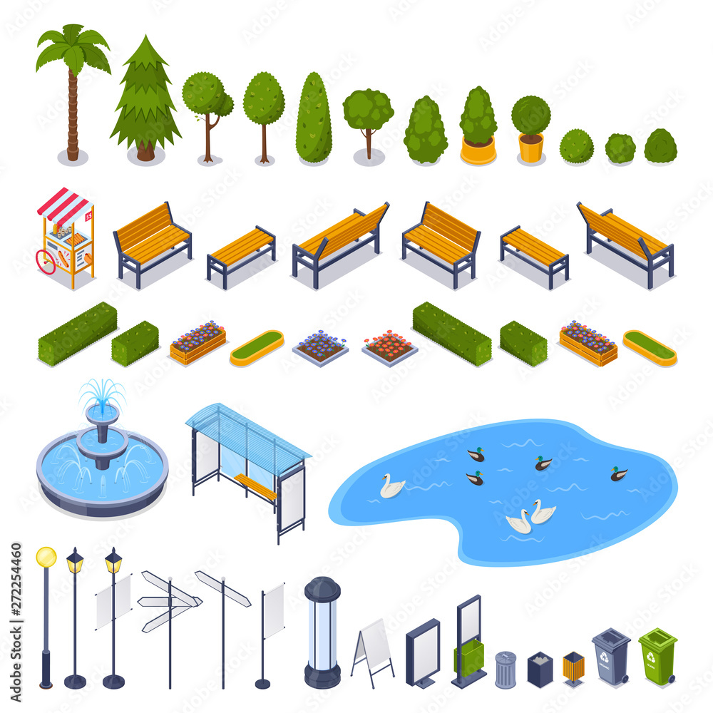 City streets and public park 3d isometric design elements. Vector urban ...