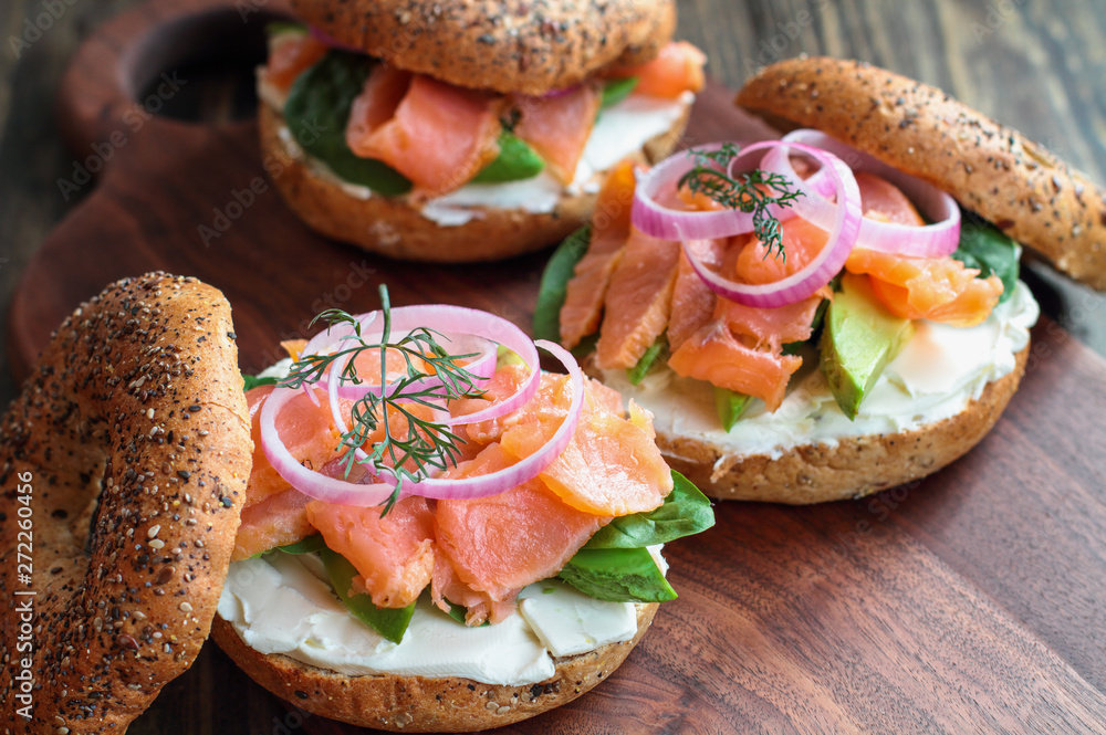 Lox - Everything bagel with smoked salmon, spinach, red onions, avocado ...