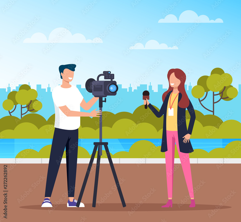 Vecteur Stock Corespondent journalist woman and camera operator man ...