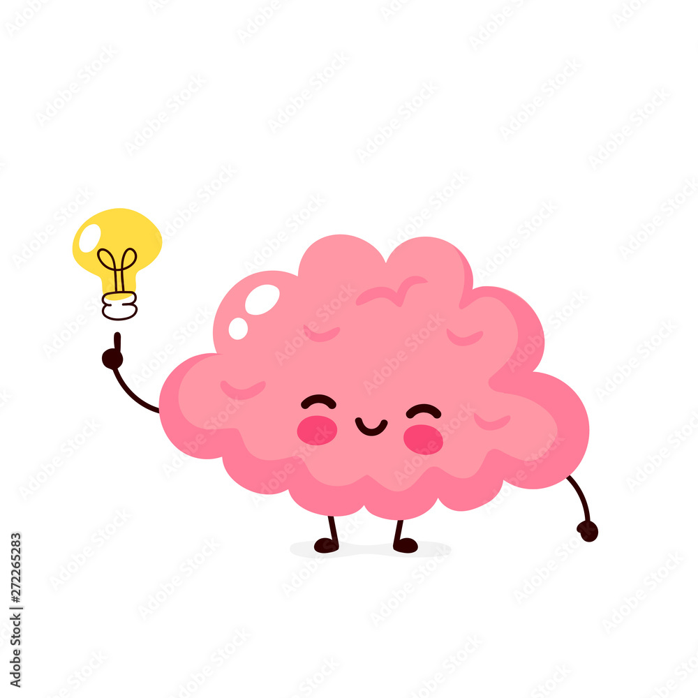 Happy cute brain with lightbulb character Stock Vector | Adobe Stock