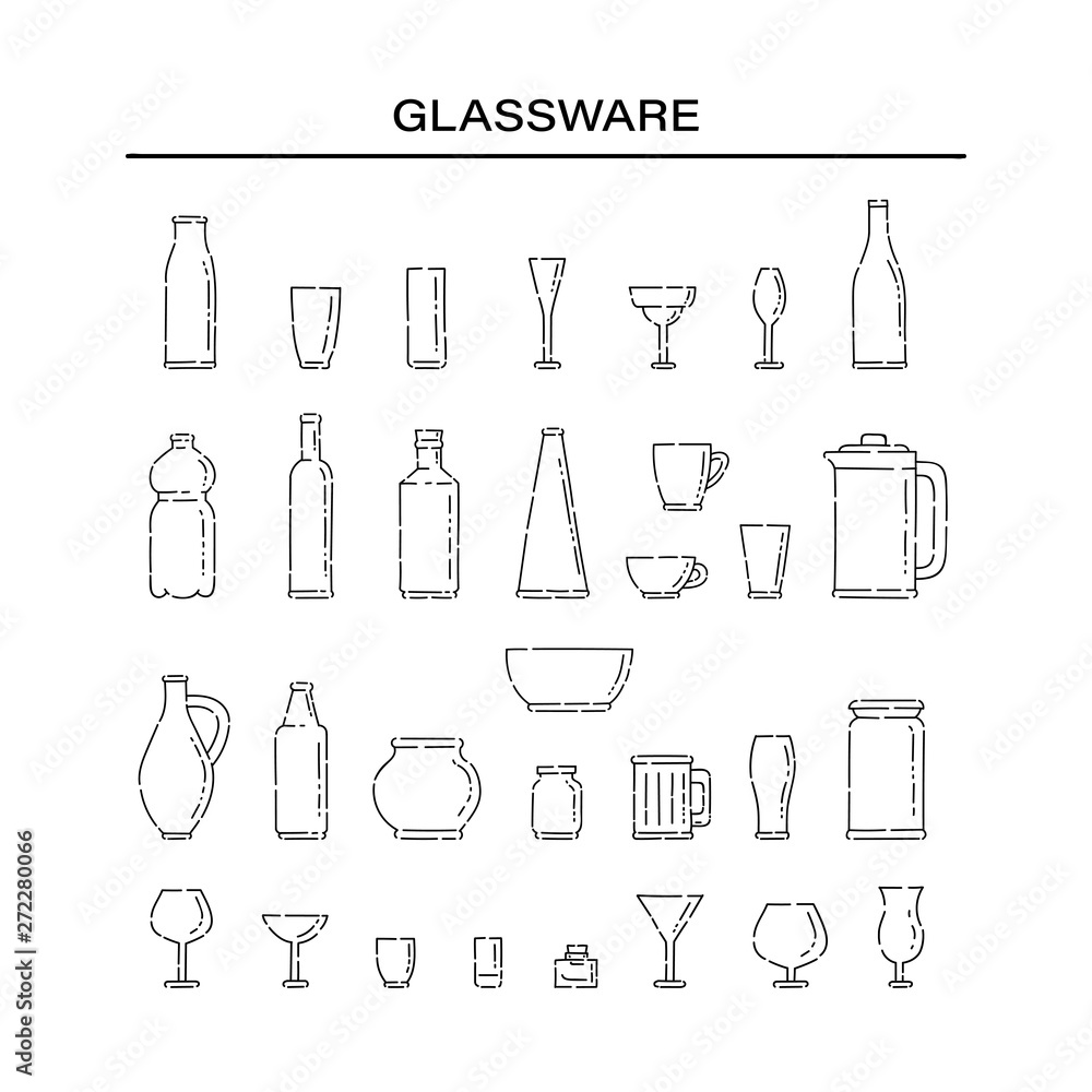 Set glassware for different liquids. Bottles and glasses line art ...