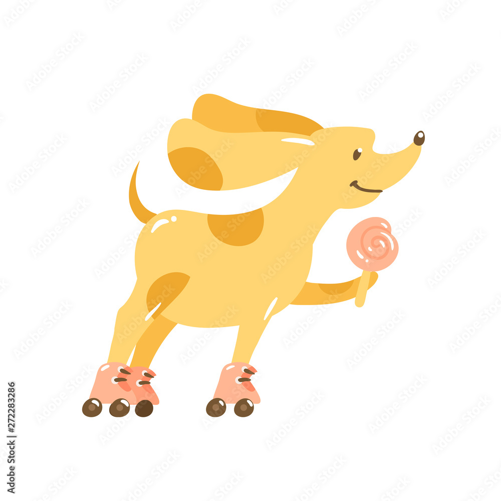 Happy flat cartoon yellow dog walking by retro roller skates. Cute ...