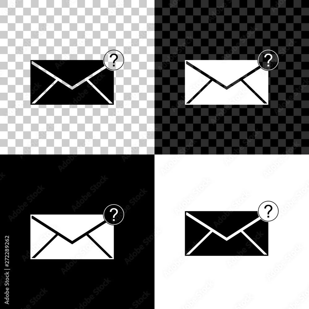 Envelope with question mark icon isolated on black, white and ...