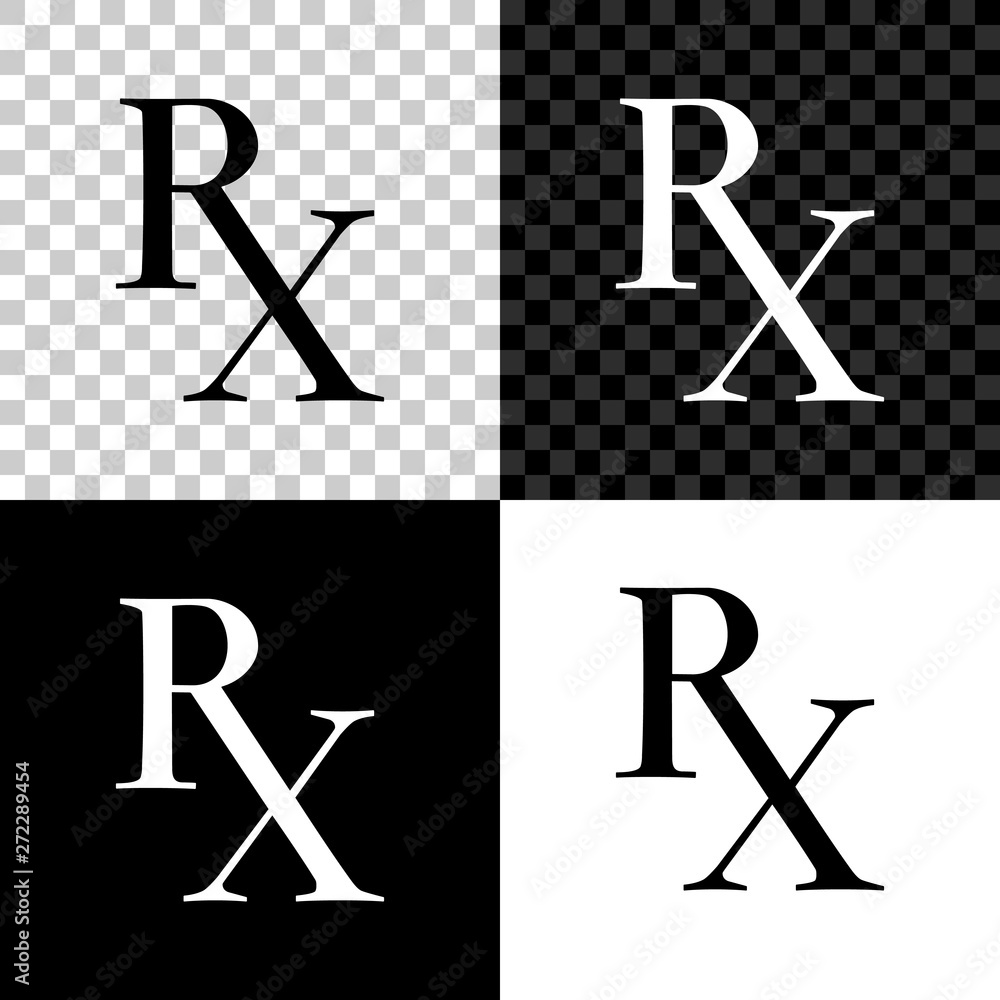 Medicine symbol Rx prescription icon isolated on black, white and ...