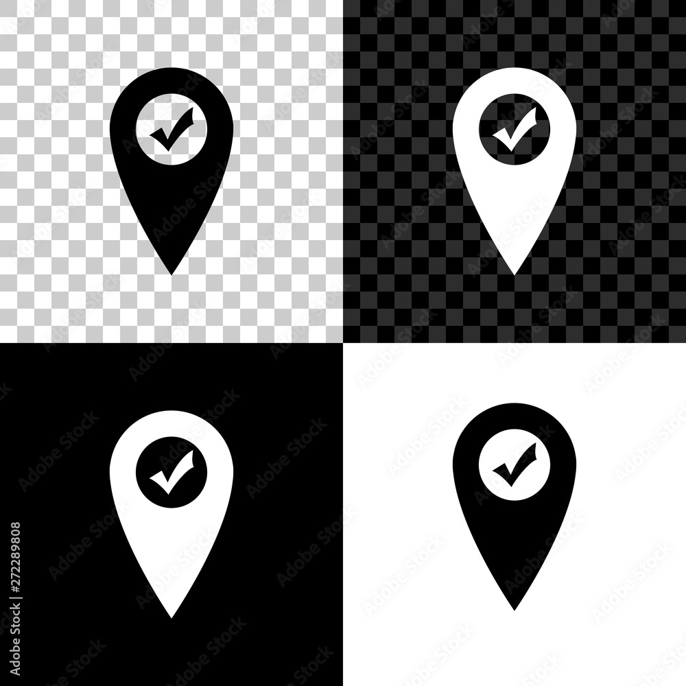 Map pointer with check mark icon isolated on black, white and ...