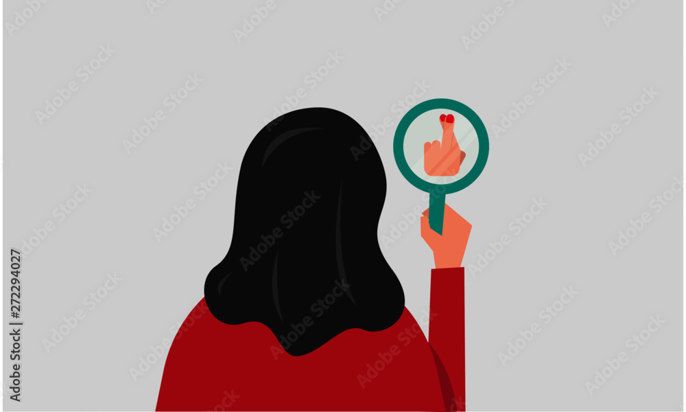 Vector illustration of a girl/woman staring at the thumbs up reflection ...