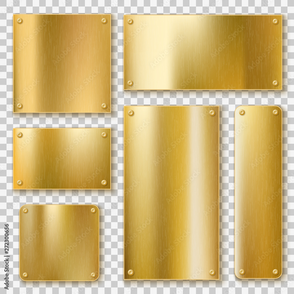 Golden plates. Gold metallic yellow plate, shiny bronze banner ...
