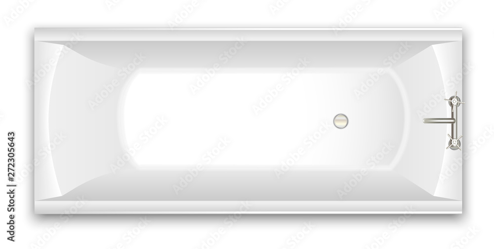 Rectangular bathtub. View from above. Mixers of water taps. Realistic ...