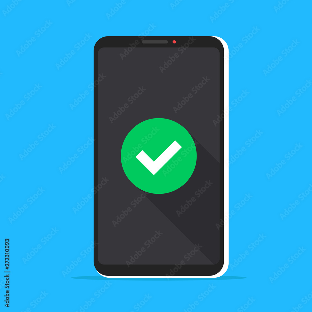 Smartphone with green check mark icon on screen. Mobile phone and ...