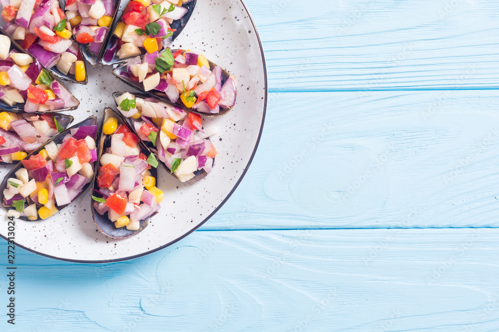 Traditional Peruvian food background with mussels Stock Photo | Adobe Stock