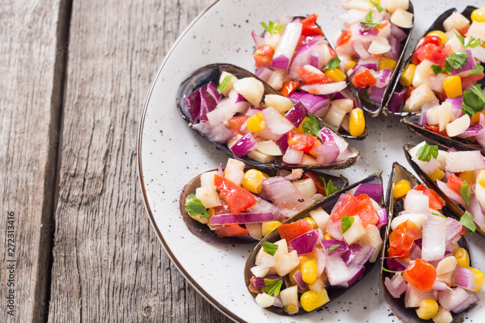 Traditional Peruvian food background with mussels Stock Photo | Adobe Stock