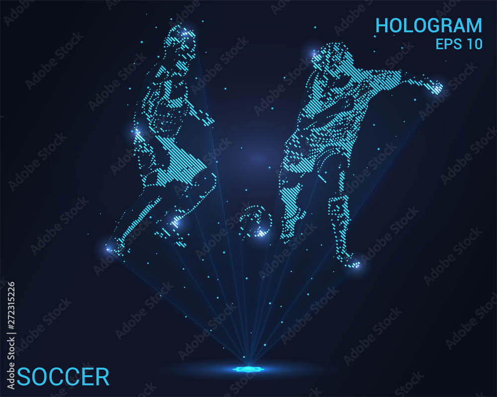 Hologram soccer. Holographic projection of football players fighting ...