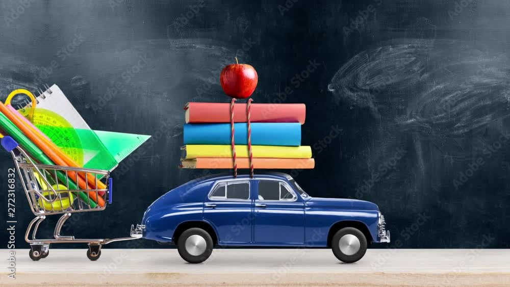 Back to school. Car delivering books, shopping cart with stationery and ...