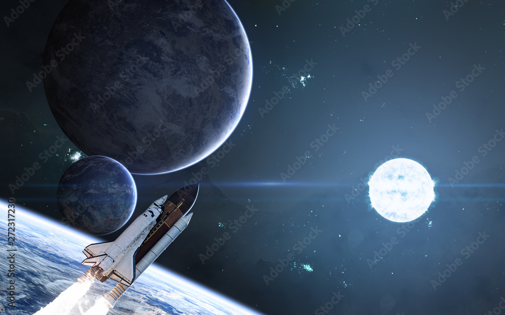 Planets on background of blue star. Deep space, space shuttle. Science ...