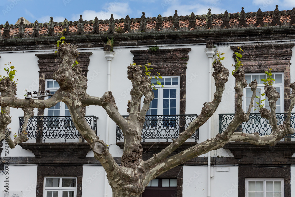 Typical Azorean architecture. White wooden balcony doors with small ...