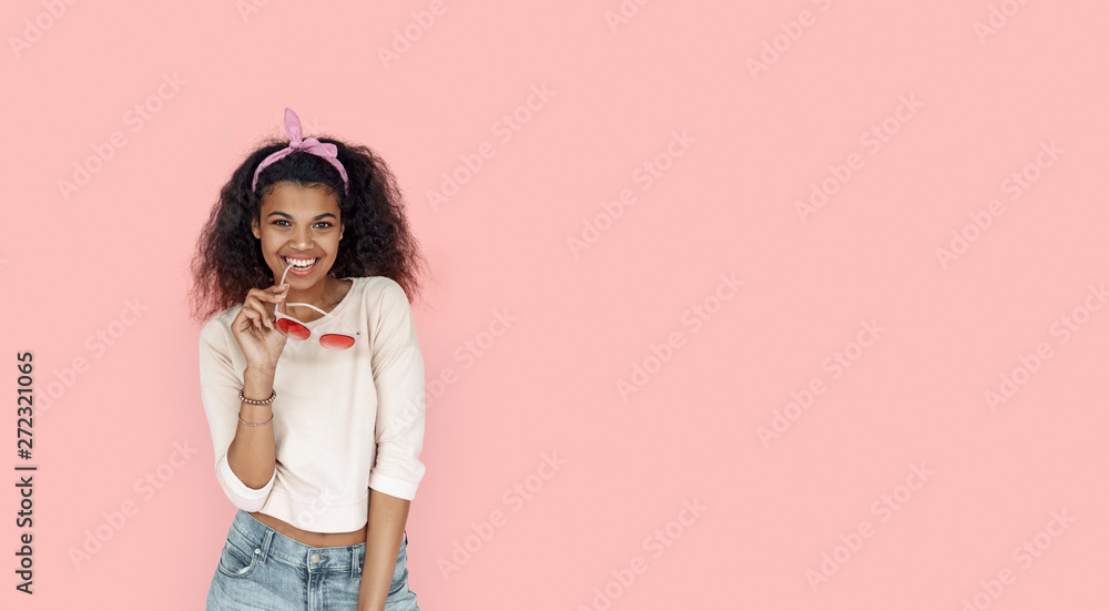 Happy smiling fashion young african teen girl black woman holding ...