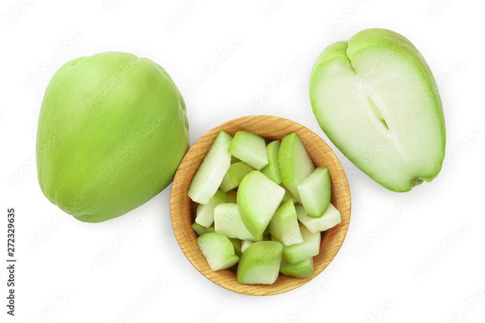 fresh Chayote vegetable isolated on white background. Top view. Flat ...