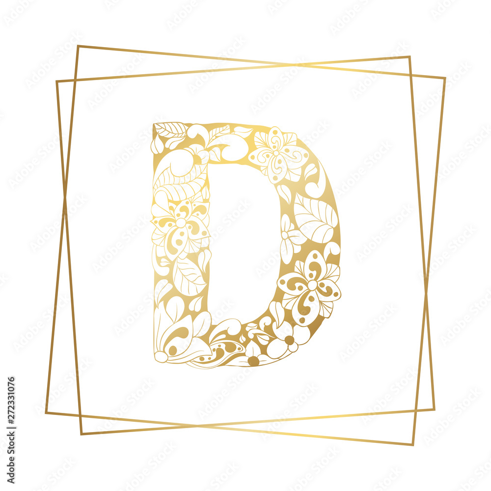 Golden and White Floral Ornamental Alphabet, Initial Letter D Font with ...