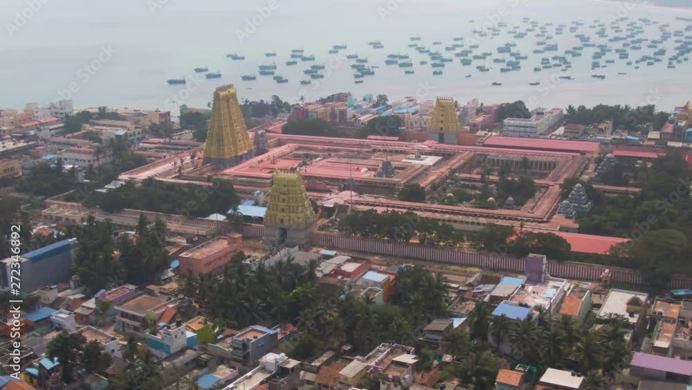 Rameswaram ancient Shiva temple, India 4k aerial skyline and ocean ...