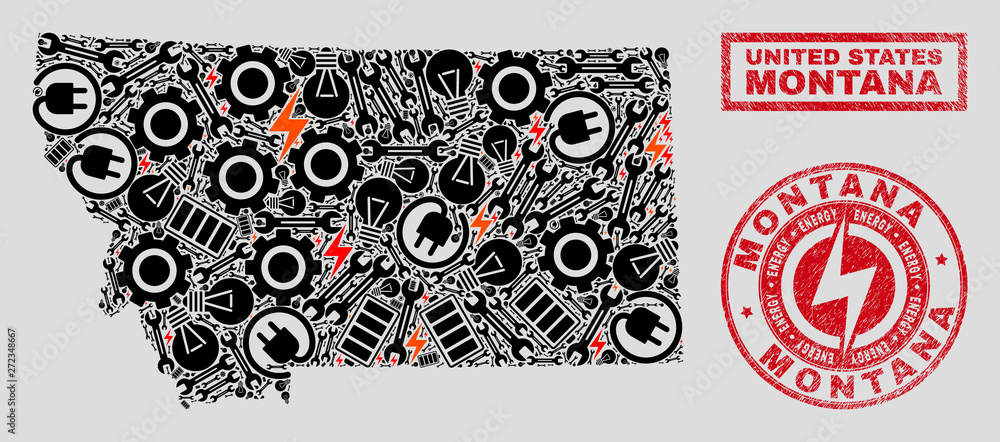 Composition of mosaic power supply Montana State map and grunge stamps ...