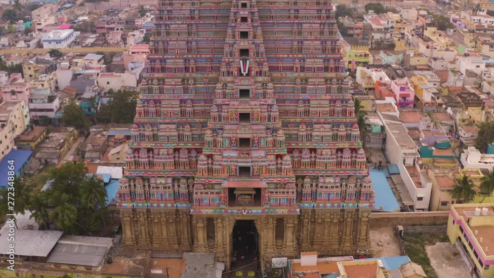 South India holy temple "Gopuram" at Srirangam Trichi, India, 4k aerial ...