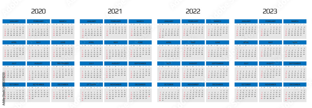 Calendar 2020, 2021, 2022, 2023 template. 12 Months. include holiday ...
