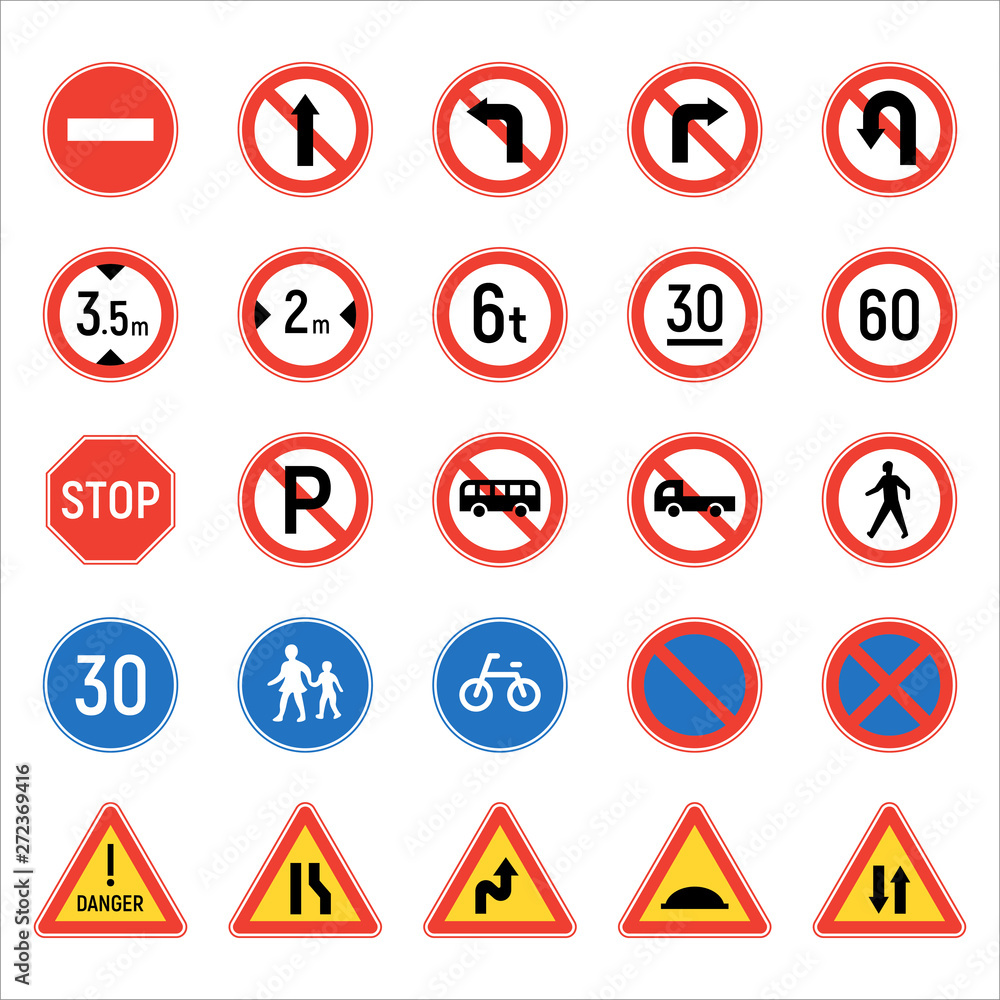 Road Traffic Signs. flat design style minimal vector illustration Stock ...