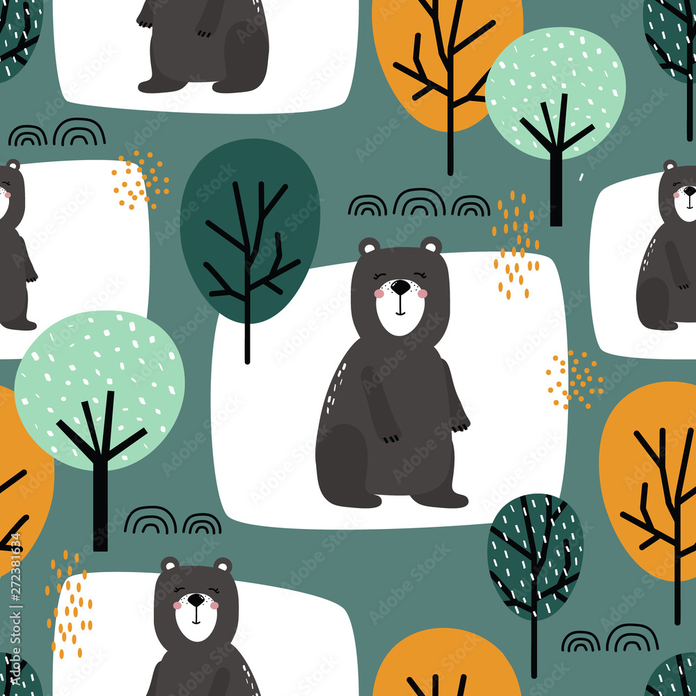 Seamless pattern, bears and trees, hand drawn overlapping backdrop ...