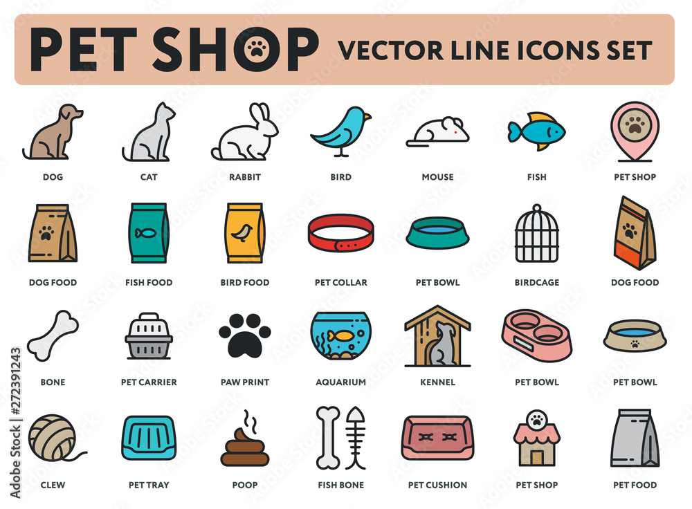 Pet Shop Vector Color Flat Line Icon Illustrations Set. Animals: Dog ...