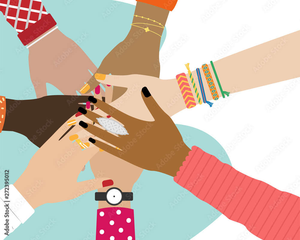Concept of team work. Friends with stack of hands showing unity and ...