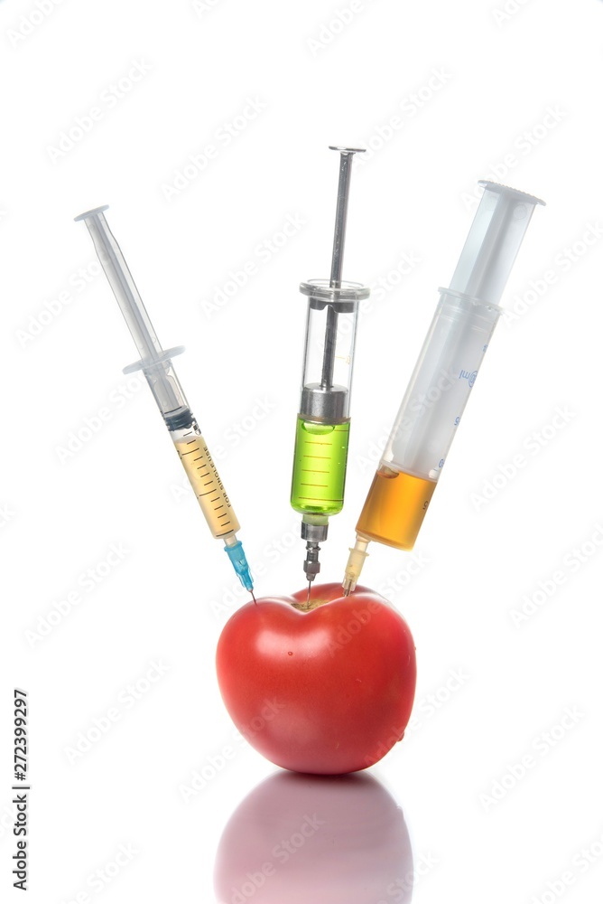 Injection into a tomato, GMO concept, pesticides, poisons. White ...