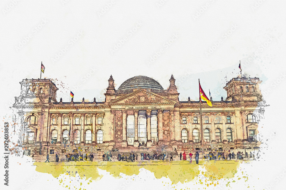 Watercolor sketch or illustration of a beautiful view of the Reichstag ...