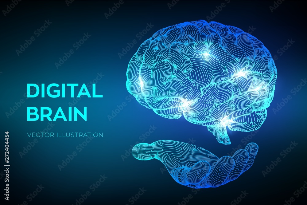 Brain. Digital brain in hand. 3D Science and Technology concept. Neural ...