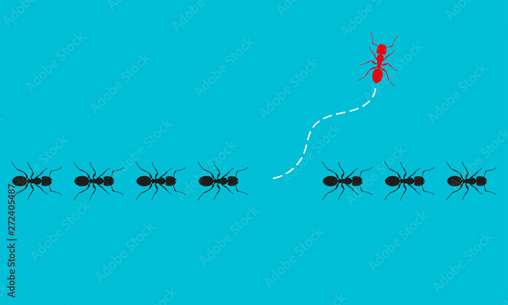 Think differently. Ants marching or walking and one changing direction ...