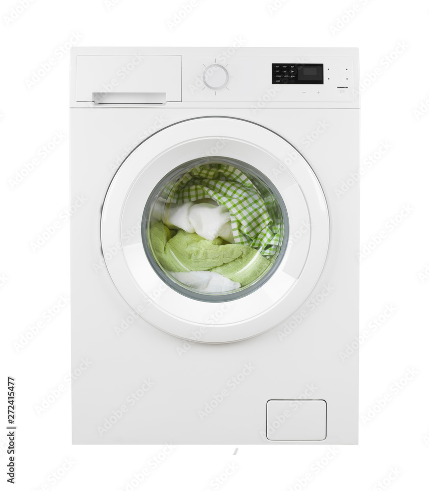 Green clothes in washing machine on isolated white background Stock ...