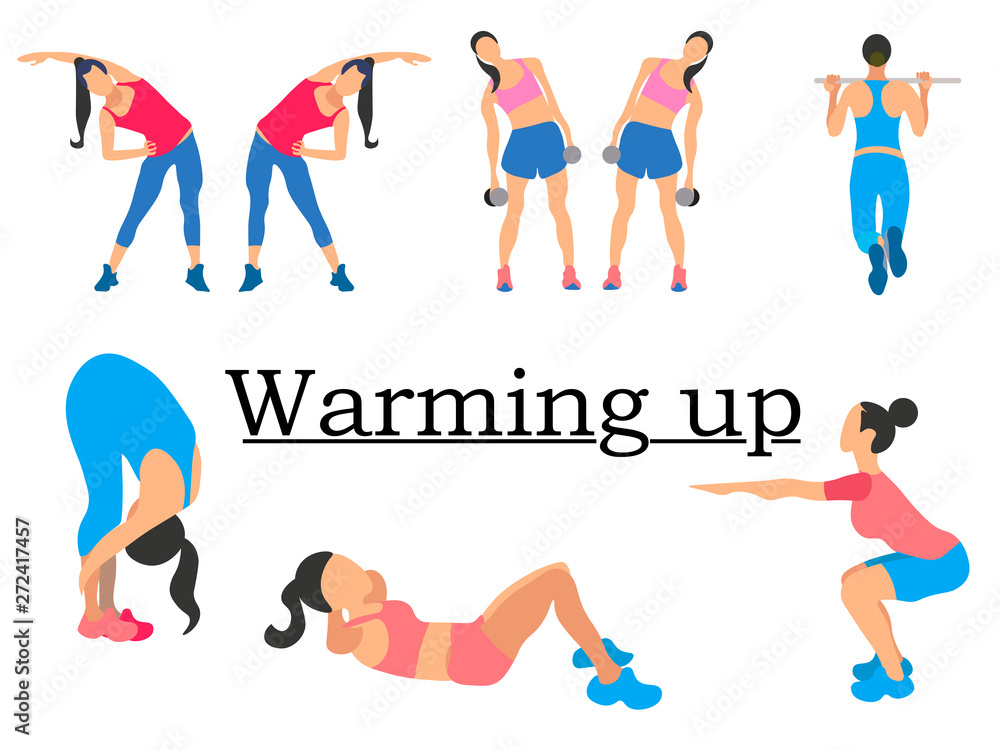 Stages warm up. Sport for health, clearly shows the girl. In minimalist ...