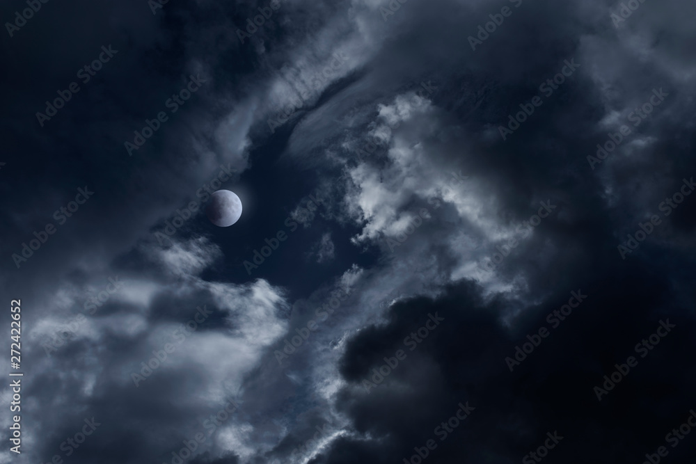dark night sky with moon and clouds, mysterious horror background Stock ...