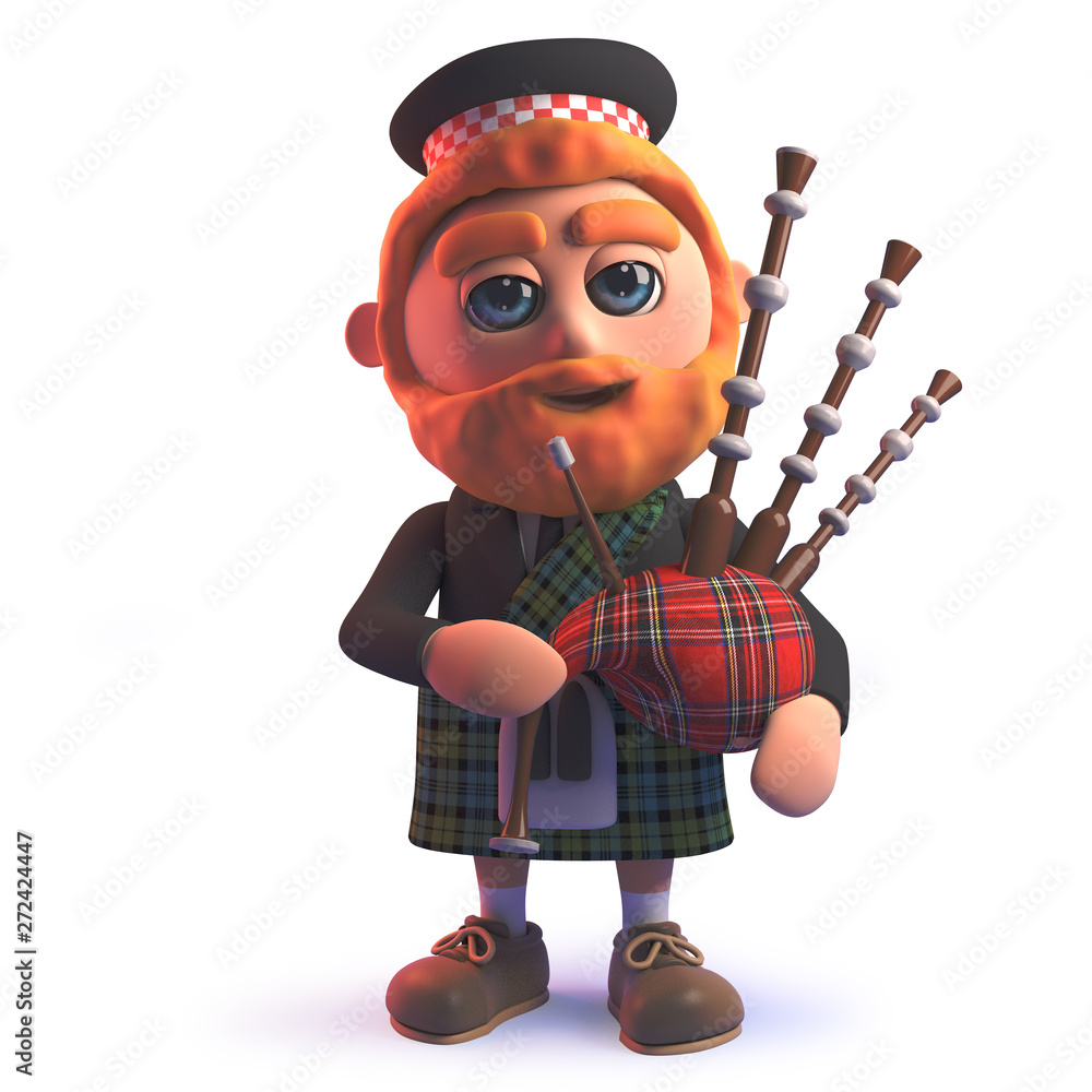 Cartoon 3d Scots man in kilt playing the Scottish bagpipes Stock ...