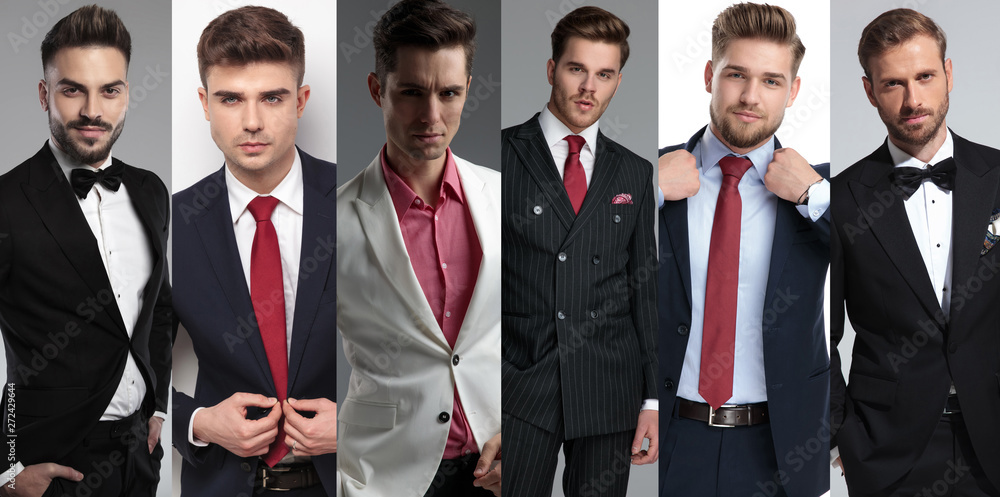 Collage image of six different elegant young men wearing suits Stock ...