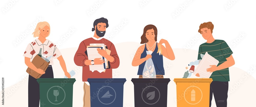 Bundle of cute funny people putting rubbish in trash bins, dumpsters or ...