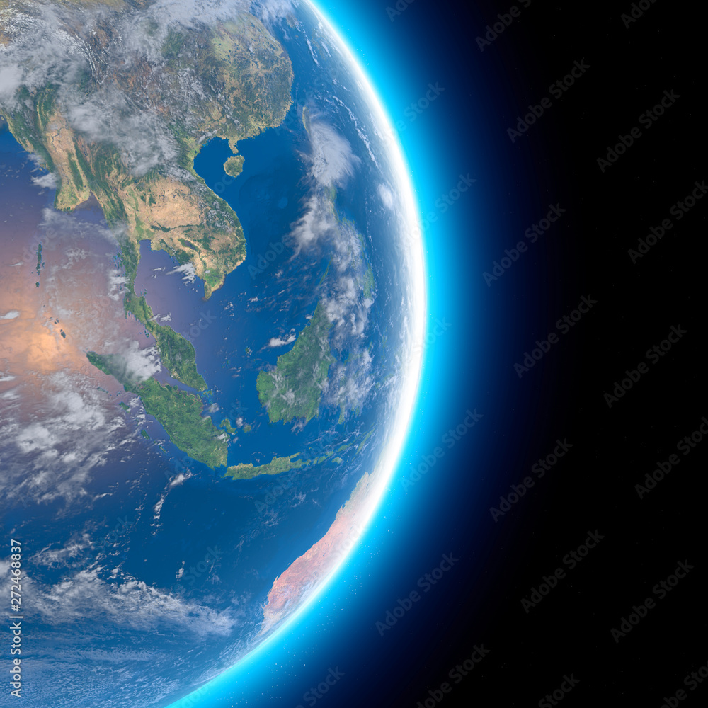 Physical map of the world, satellite view of Southeast Asia, Indonesia ...