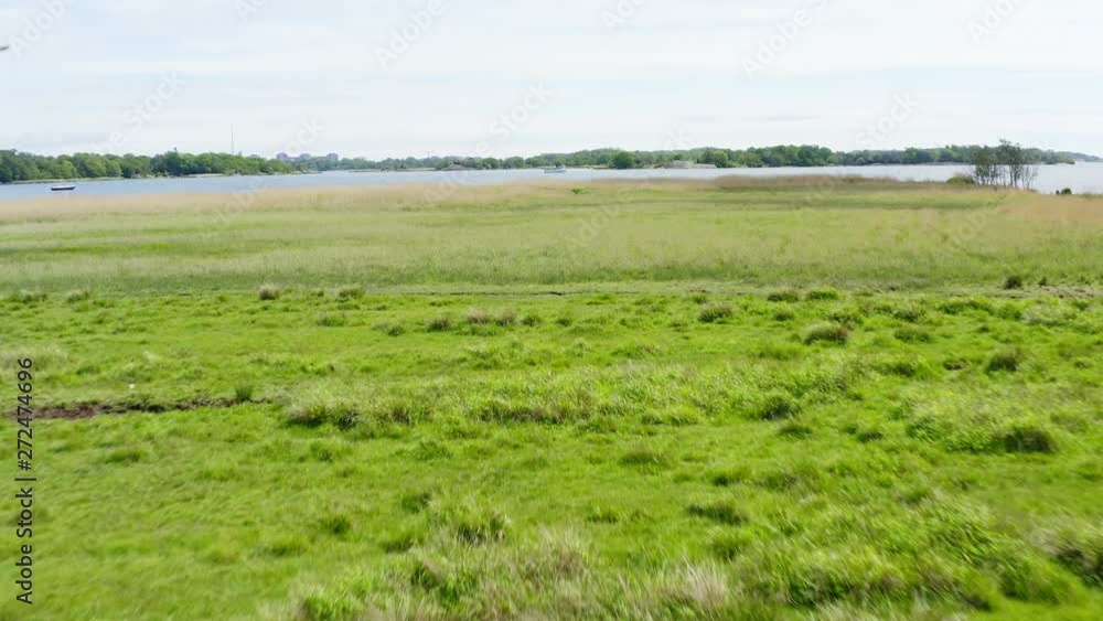 Aerial of green beach grass field or meadow with archipelago landscape ...