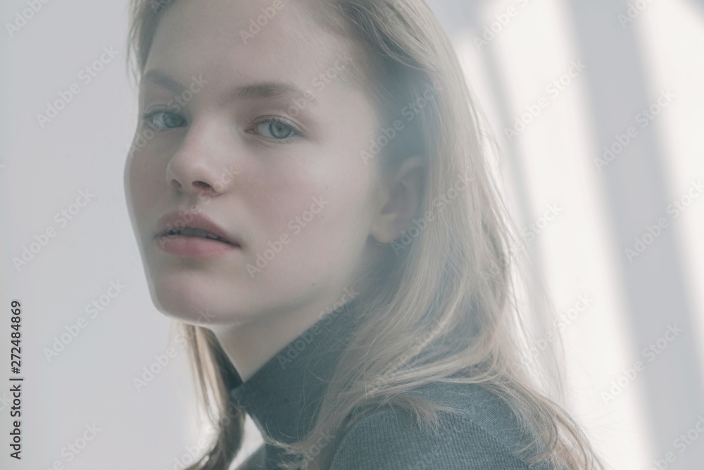 Blurry mirror reflection of beautiful girl looking at camera Stock ...